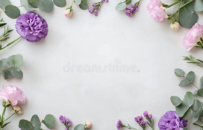 Delicate Arrangement of Purple and White Flowers with Eucalyptus Leaves ...