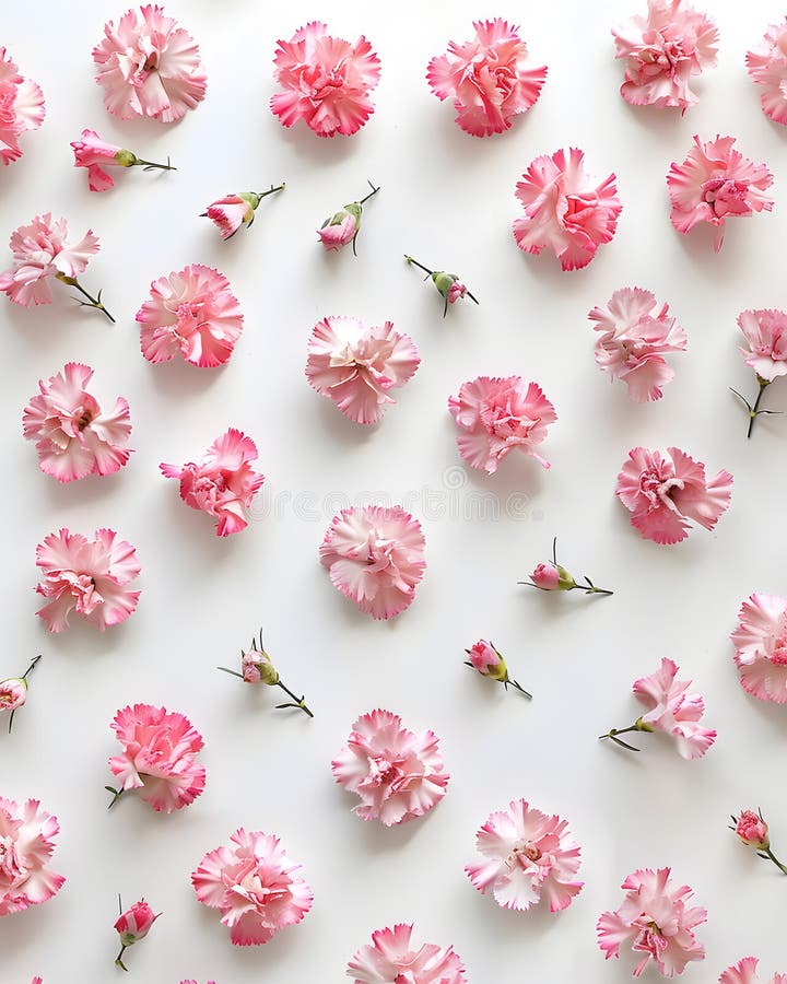 Symmetrical Pattern of Pink Carnations on White Background Stock ...