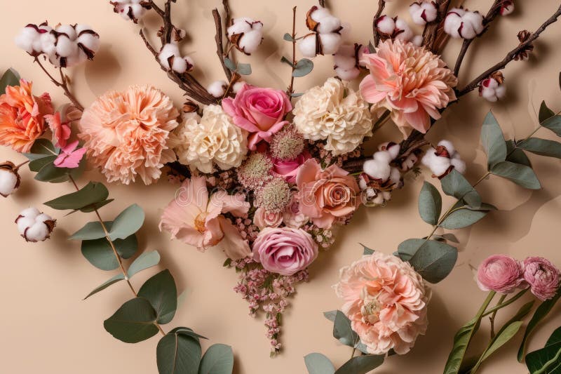 A Delicate Arrangement of Various Flowers and Cotton Branches Spread on ...