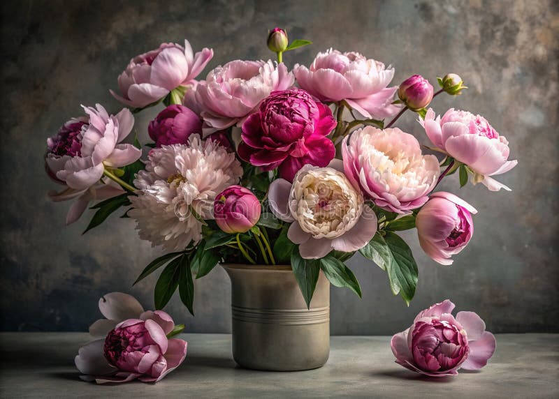 A Delicate Arrangement of Wine Peonies in a Gray Vase a Study in Subtle ...