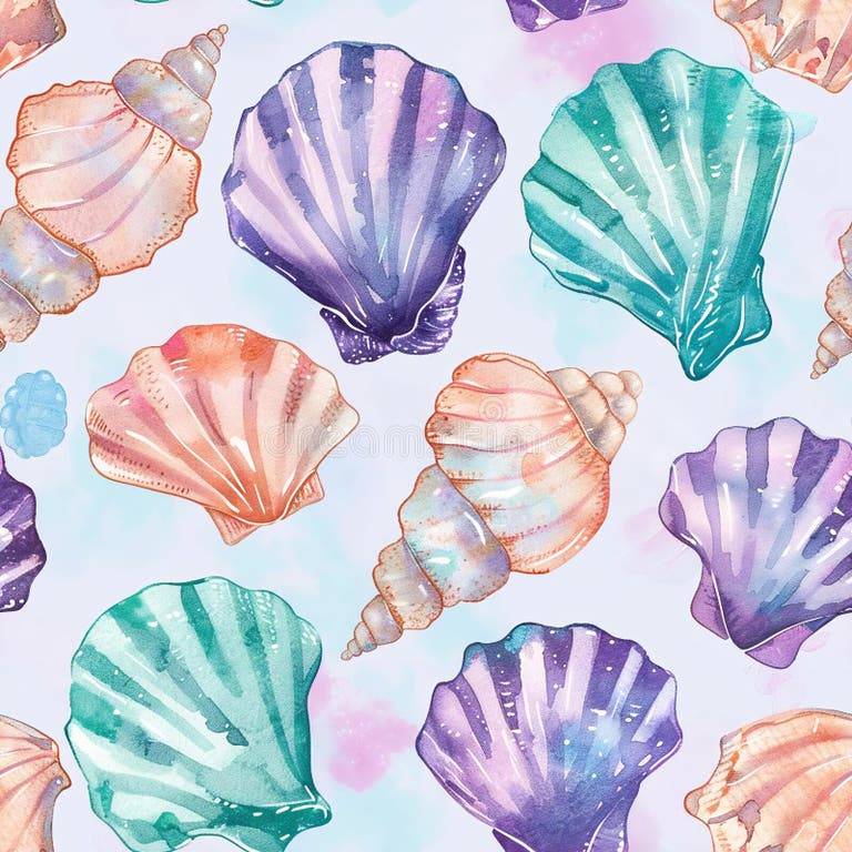 A Delicate Array of Watercolor Seashells, Showcasing Unique Colors and ...