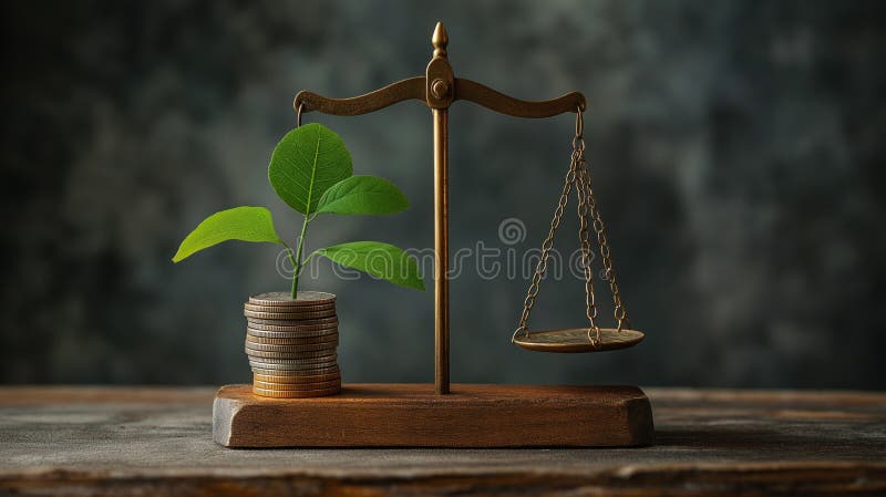 Delicate Balance Scale with a Stack of Coins on One Side and a Seedling ...
