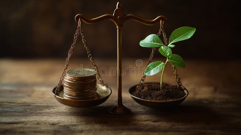 Delicate Balance Scale with a Stack of Coins on One Side and a Seedling ...