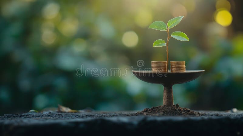 Delicate Balance Scale with a Stack of Coins on One Side and a Seedling ...