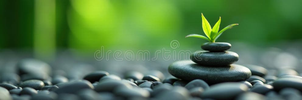 Delicate Bamboo Leaf Resting on a Bed of Stacked Pebbles, Bamboo ...