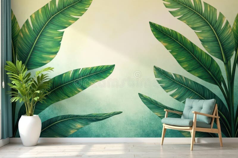 Delicate Banana Tree Mural, Soft Color Tropical Leaf Wallpaper, Home ...