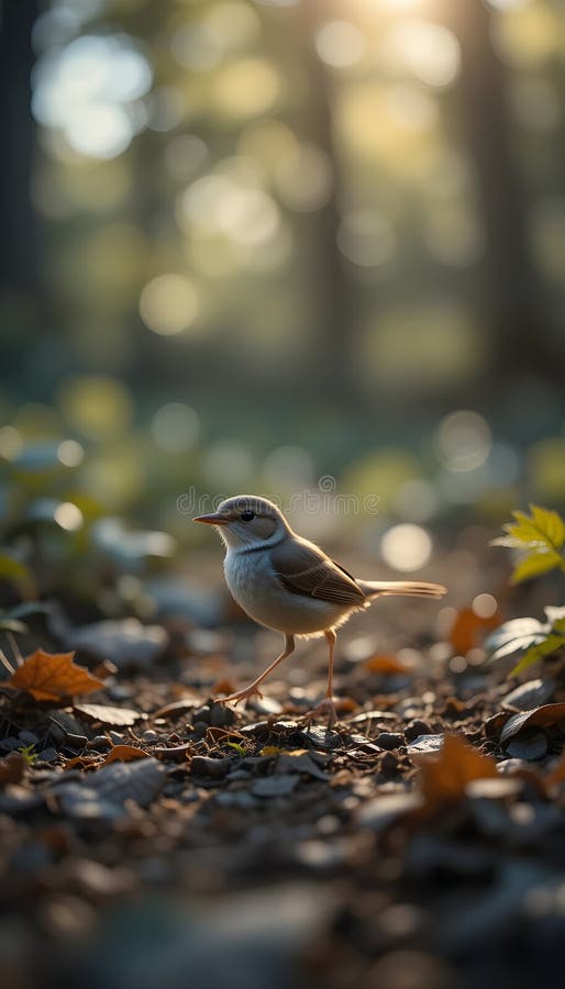 Delicate Bird Mid-hop on Forest Floor Under Soft Nostalgic Natural ...