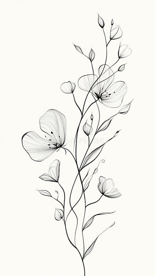 Delicate Black and White Floral Line Art Illustration Stock Image ...