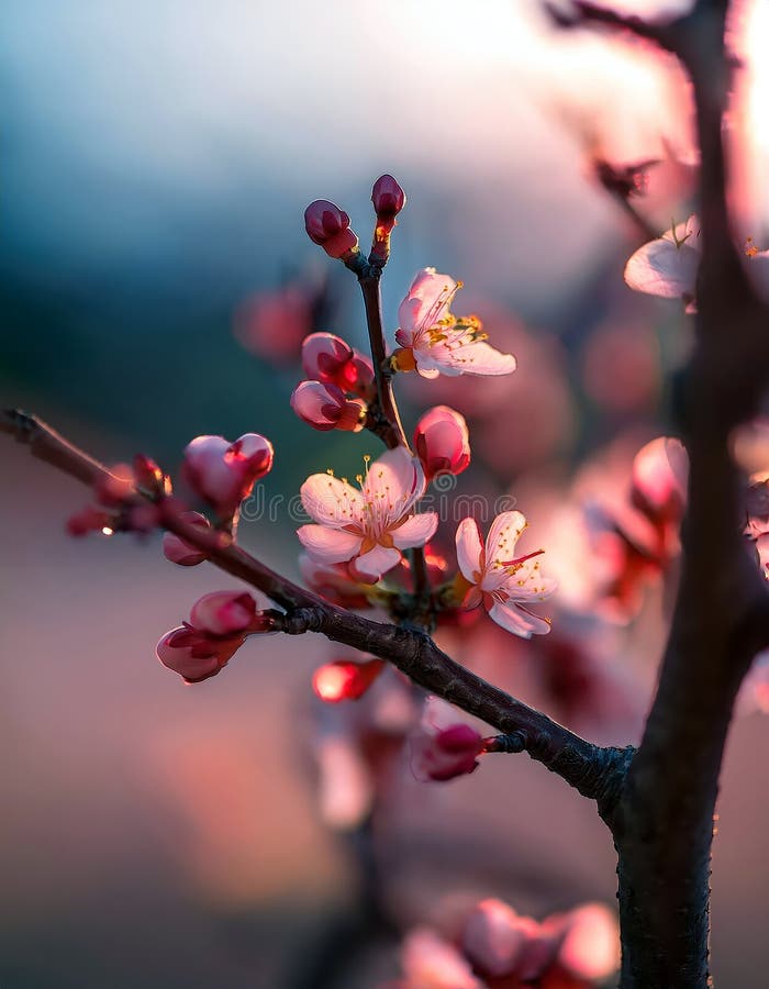 Delicate Blossoms Emerge from a Budding Tree Branch at Sunset in a ...