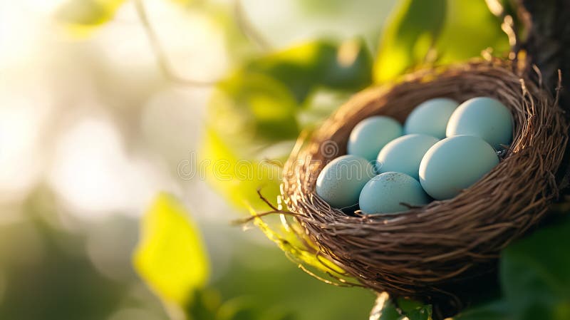 Delicate Blue Eggs Rest Gently in a Woven Nest, Surrounded by the Lush ...