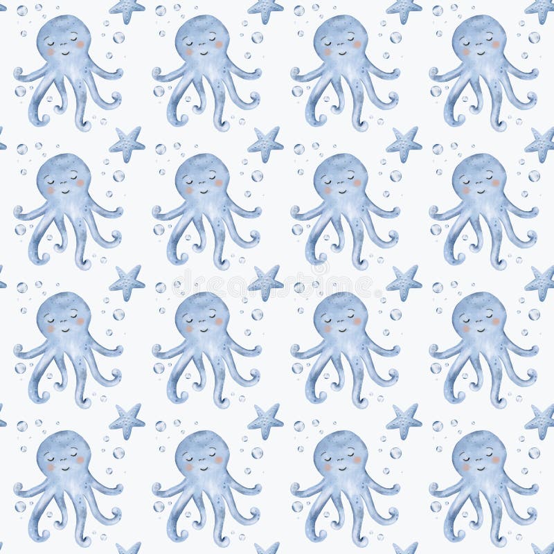 Cute Blue Octopus and Star Watercolor Pattern for Fabrics and Wallpaper ...