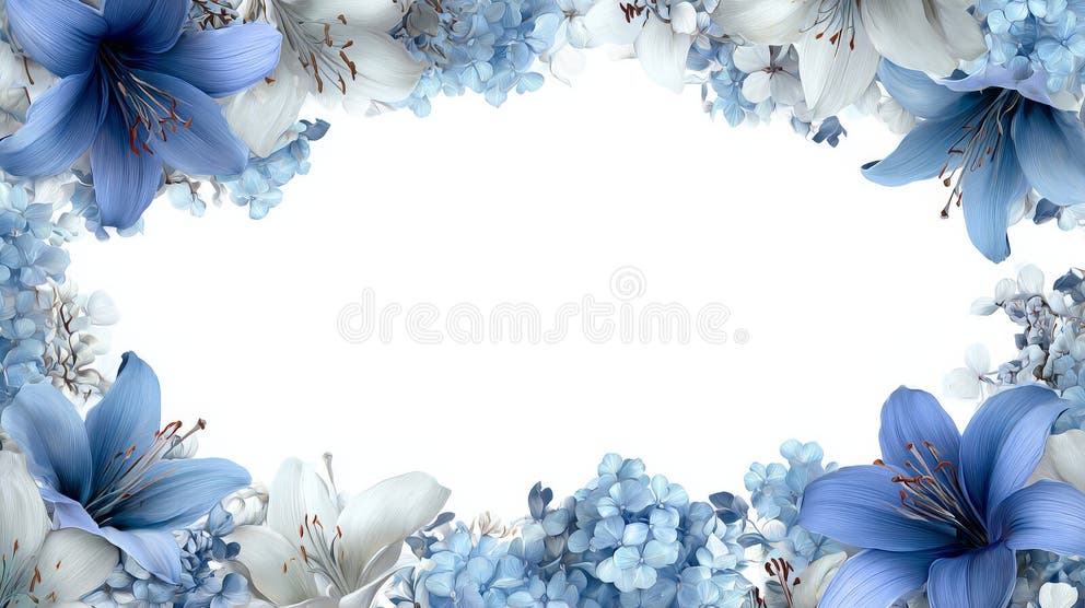 Delicate Blue and White Flowers Creating a Border on a White Background ...