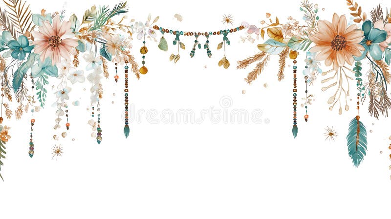 Delicate Boho Border with Flowers, Beads, and Leaves in Soft Colors ...