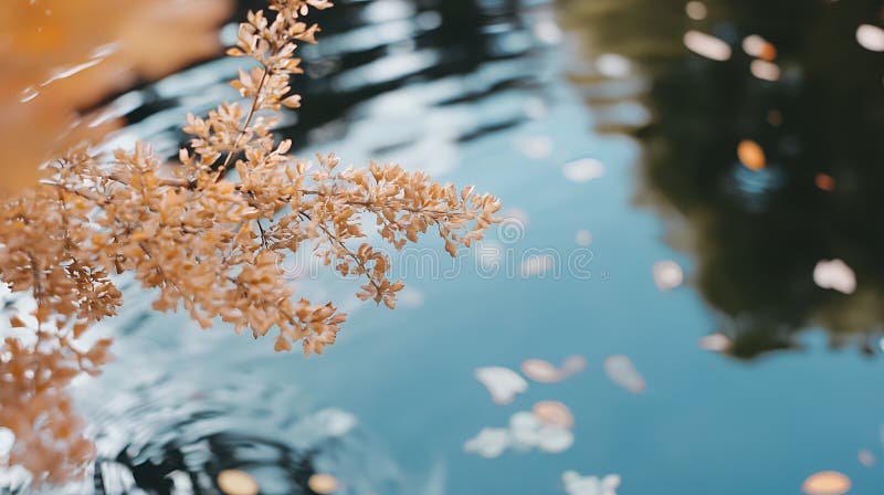 Delicate Branch with Autumn Leaves Over Calm Water Stock Illustration ...