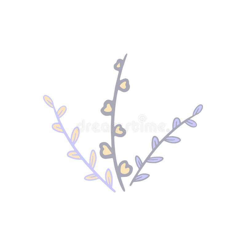 Delicate Branches of Plants with Leaves. Hand Draw Doodle Soft Color ...