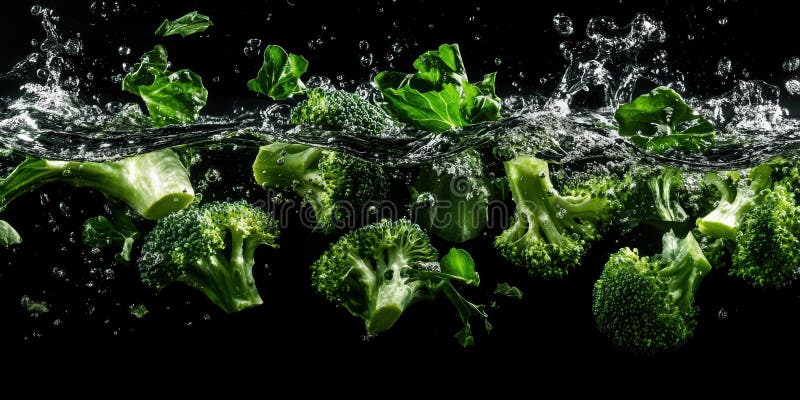 Delicate Broccoli Florets Dance in Crystal Clear Water Splash ...