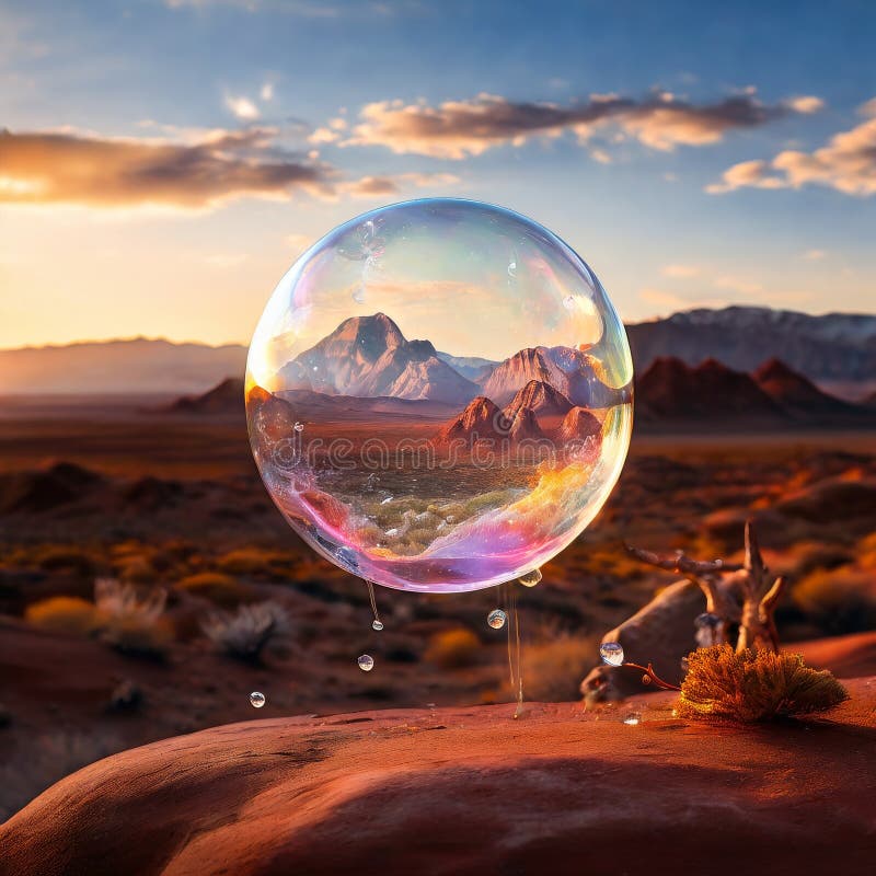Transparent Bubble Floating Over a Desert Landscape at Sunset Stock ...