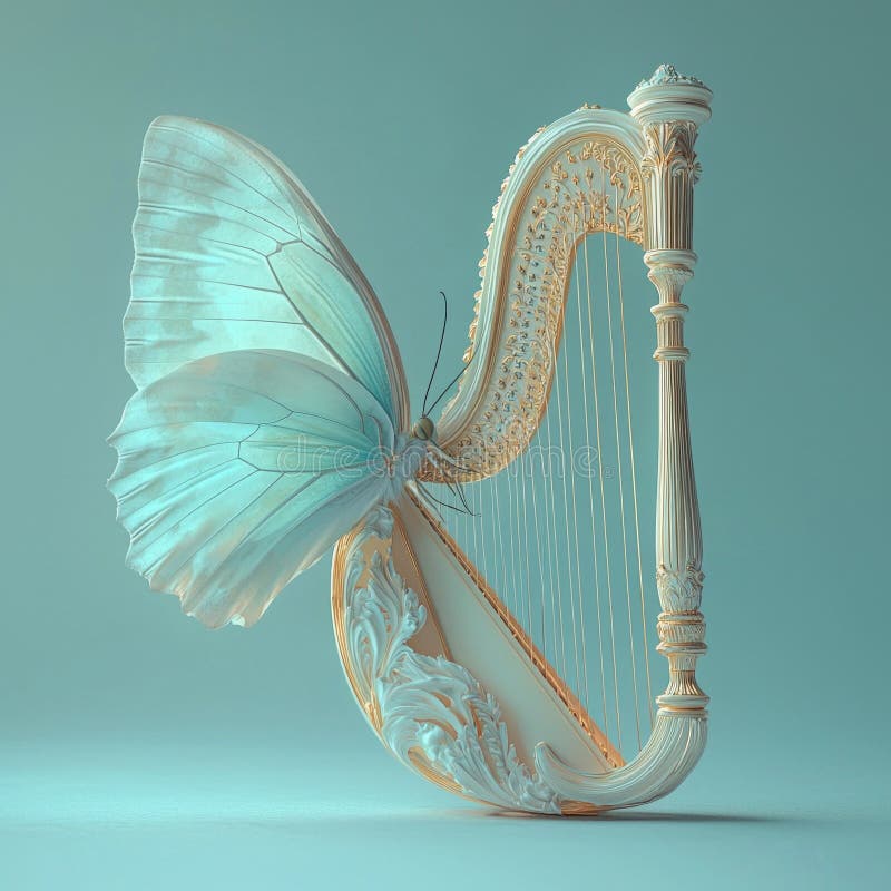 Delicate Butterfly Interacts Small Golden Harp Skillfully Plucking Its ...