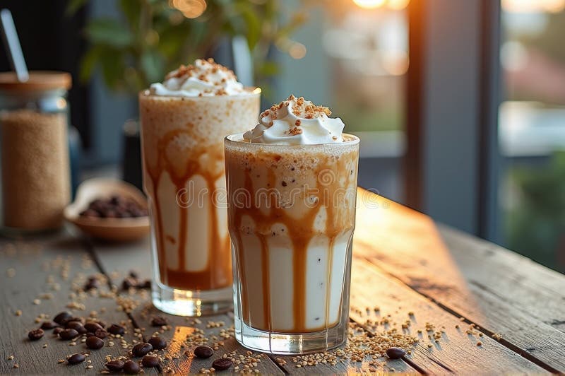 Delicate Caramel Frappe with Whipped Cream and Sprinkles at Sunset ...