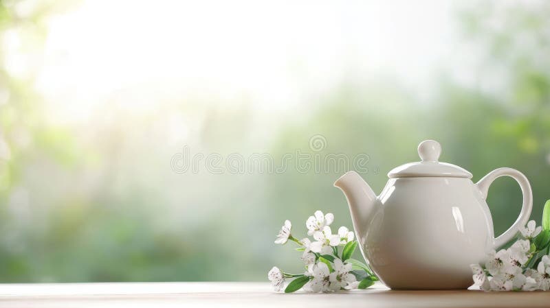 Delicate Ceramic Teapot Surrounded by Blooming Flowers and Greenery ...
