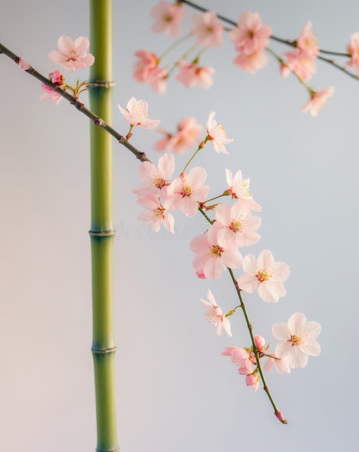Delicate Cherry Blossom Branch with Soft Pink Flowers on Bamboo Stock Image - Image of delicate ...