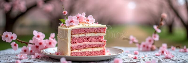 Delicate Cherry Blossom Cake Slice Amid Blossoming Sakura Trees Stock ...