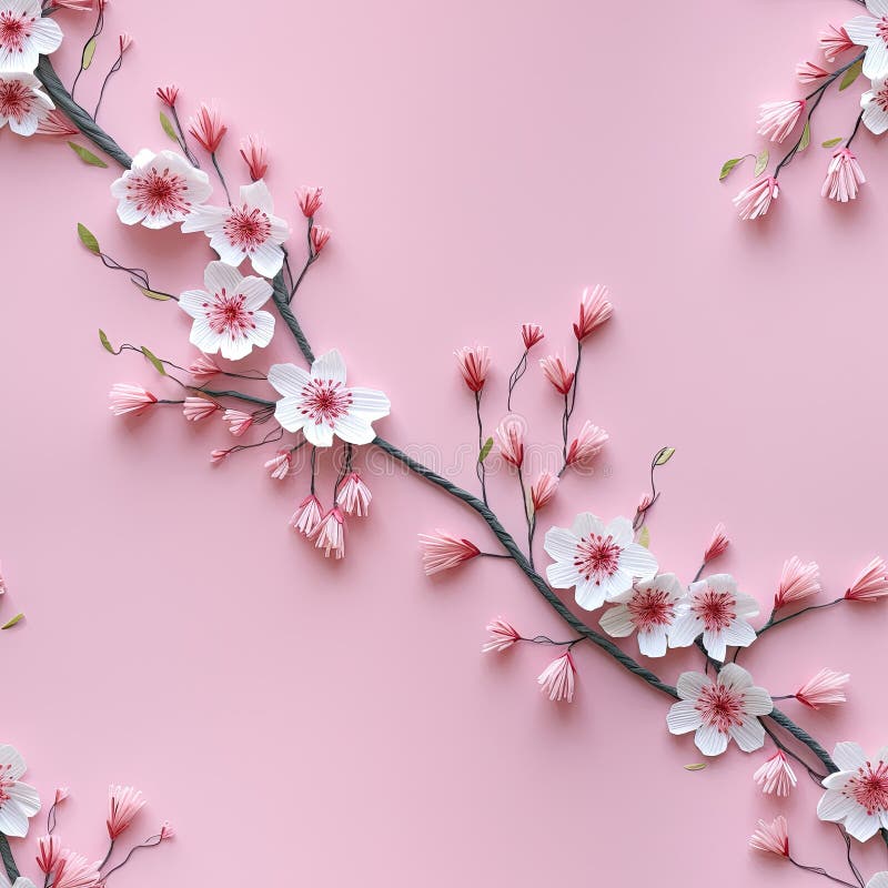 Delicate Cherry Blossoms Cascade Down an Embroidered Branch. Seamless ...