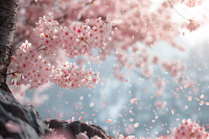 Delicate Cherry Blossoms in Full Bloom, Petals Gently Falling in a ...