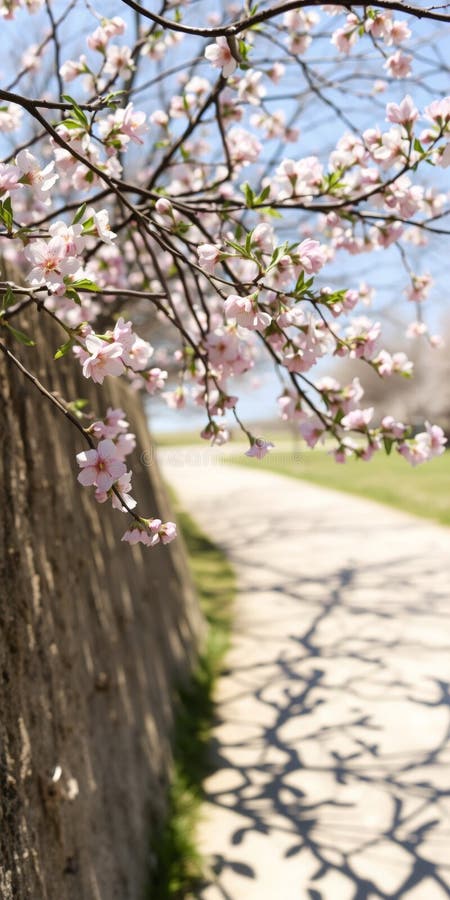 Delicate Cherry Blossoms Overhang a Sunlit Pathway beside a Rustic ...