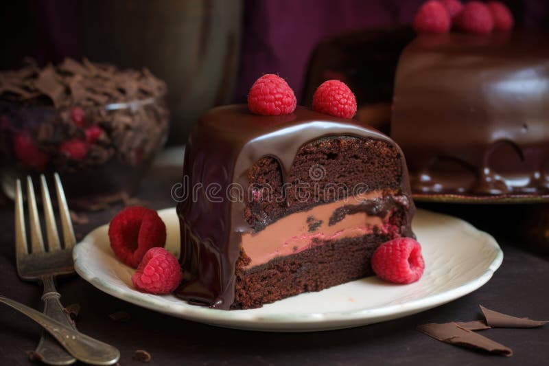 Delicate Chocolate Cake, Filled with Raspberry Cream, Topped with Dark ...