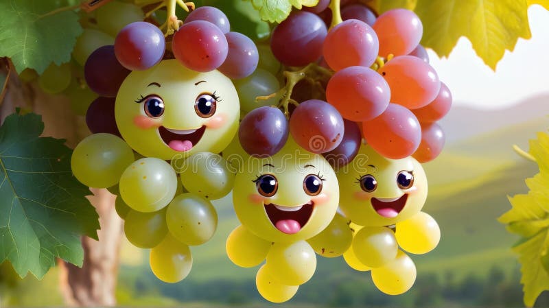 A Delicate Cluster of Grapes with Cute Faces Hanging from Stem with ...