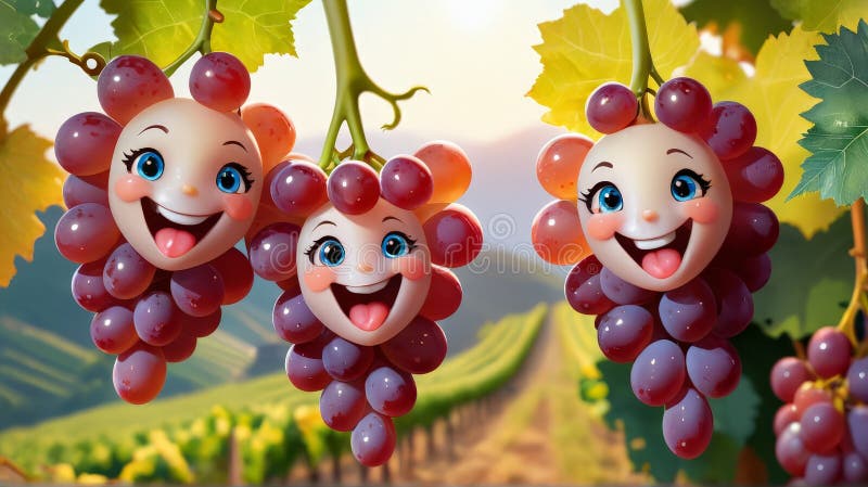 A Delicate Cluster of Grapes with Cute Faces Hanging from Stem with ...