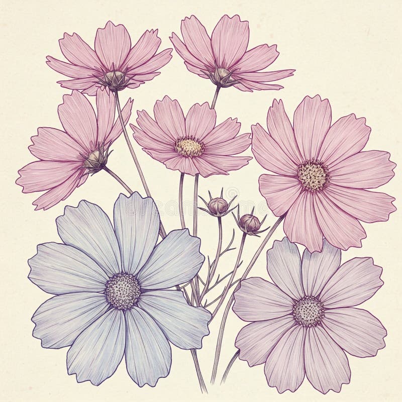 Delicate Cosmos Flower Outlines with Soft Contours Stock Illustration ...