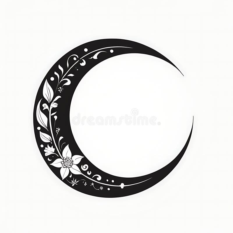 Floral Crescent Moon Design in Black and White Stock Illustration ...