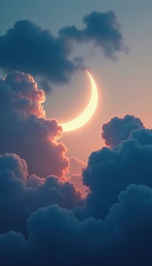 Delicate Crescent Shape of Moon Peeking Out from Behind Clouds Sky ...