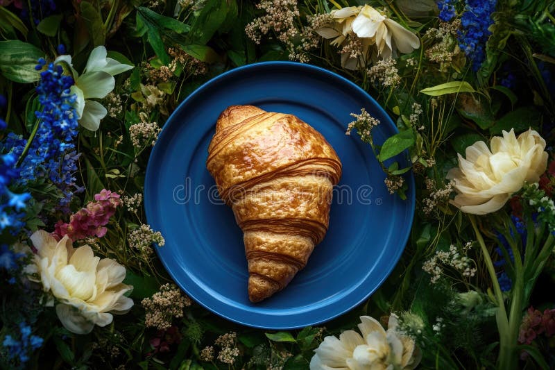 A Delicate Croissant on a Blue Plate Surrounded by Fresh Flowers Stock ...