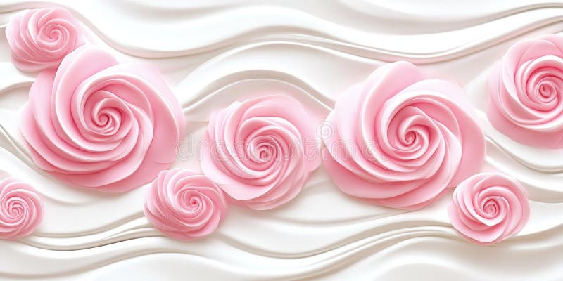 Delicate 3D Pink Rose Pattern on Flowing Waves, Elegant Floral Design ...
