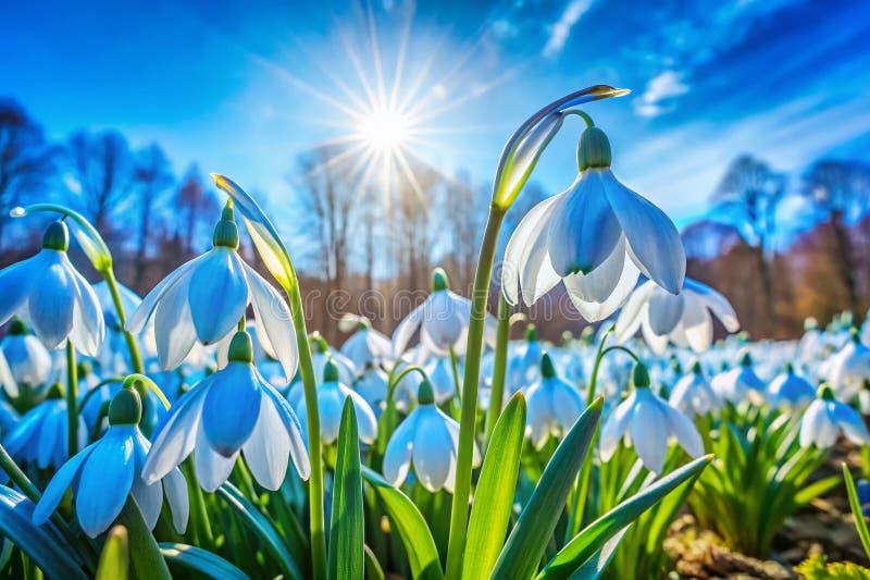A Delicate Dance of Spring Blue Snowdrops Bloom Under a Sunny Sky ...