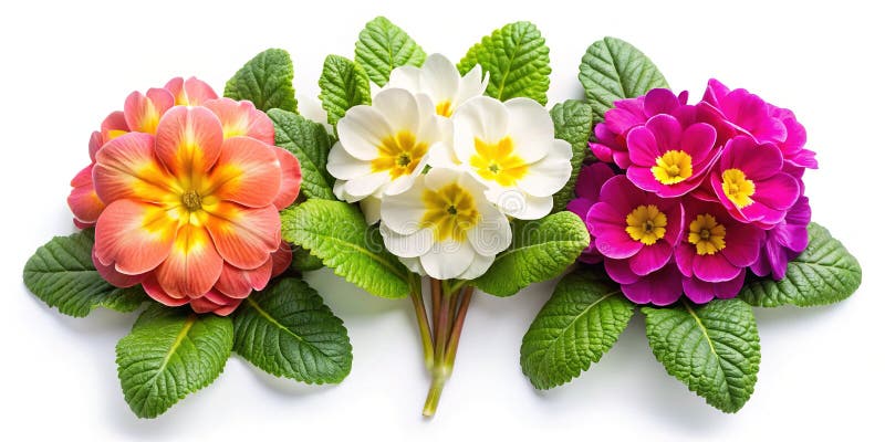 A Delicate Dance of Spring Three Primrose Bouquets on a Pristine White ...