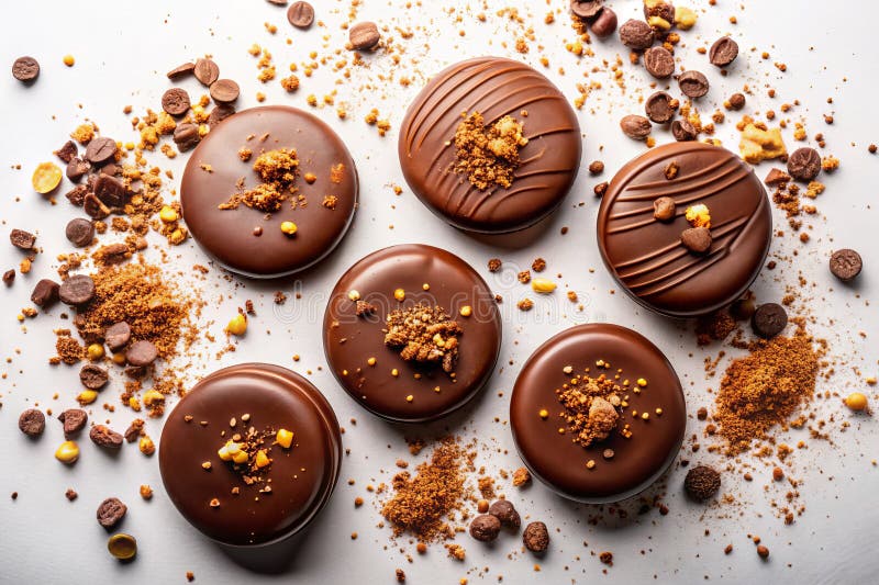 Delicate Decadence Exquisite Chocolate Discs and Crumbs on a Pristine ...