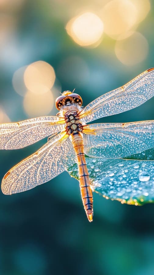 A Delicate Dragonfly Perched on a Leaf, Its Translucent Wings Covered ...