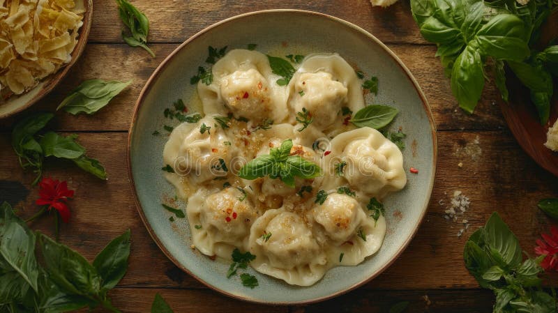 Delicate Dumplings Served with Basil and Garlic Butter Sauce Stock ...