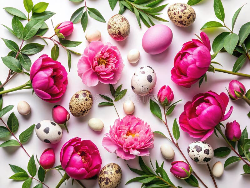 Delicate Easter Arrangement Peonies Hypericum and Eucalyptus on a White ...