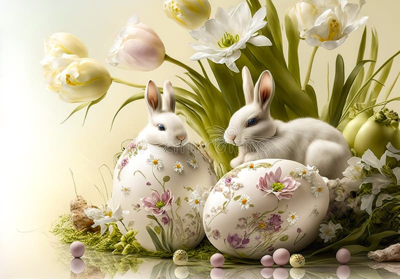 A Delicate Easter Composition with Two Cute White Bunny Rabbits, Easter ...