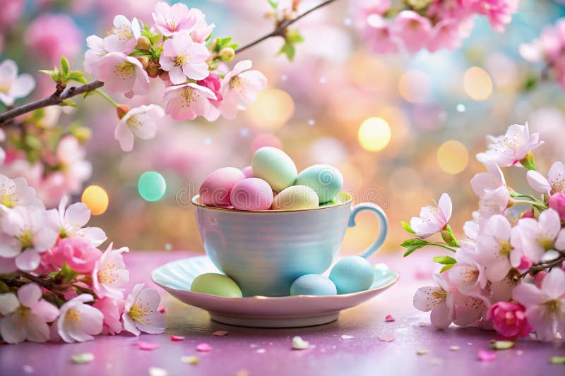 Delicate Easter Delights PastelColored Eggs and Cherry Blossoms in a ...