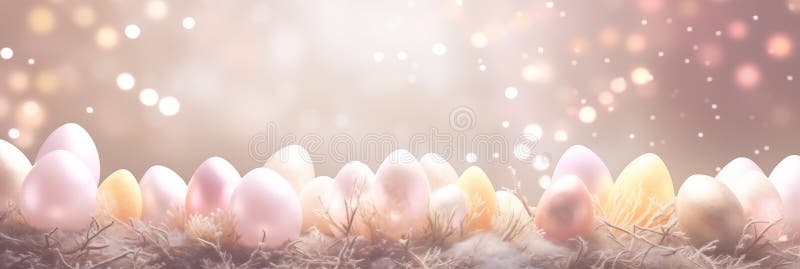 Delicate Easter Eggs with Soft Glowing Lights Banner. Panoramic Web ...