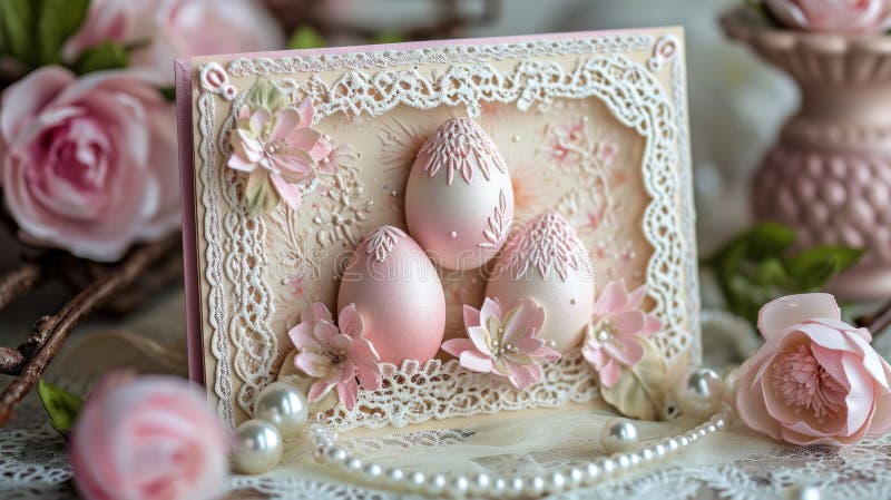 Delicate Egg Patterns, Lace, and Pearls Create an Easter Card ...
