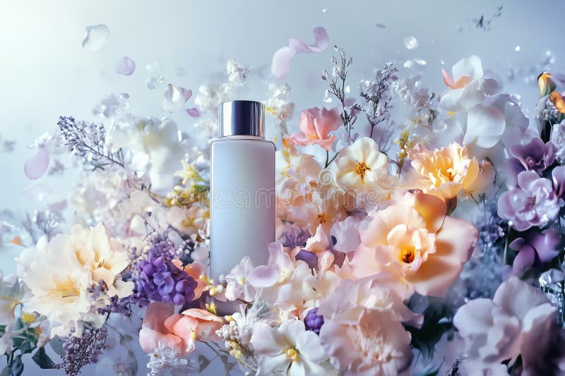Delicate Empty Makeup Setting Spray Bottle, Surrounded by Fresh Spring ...
