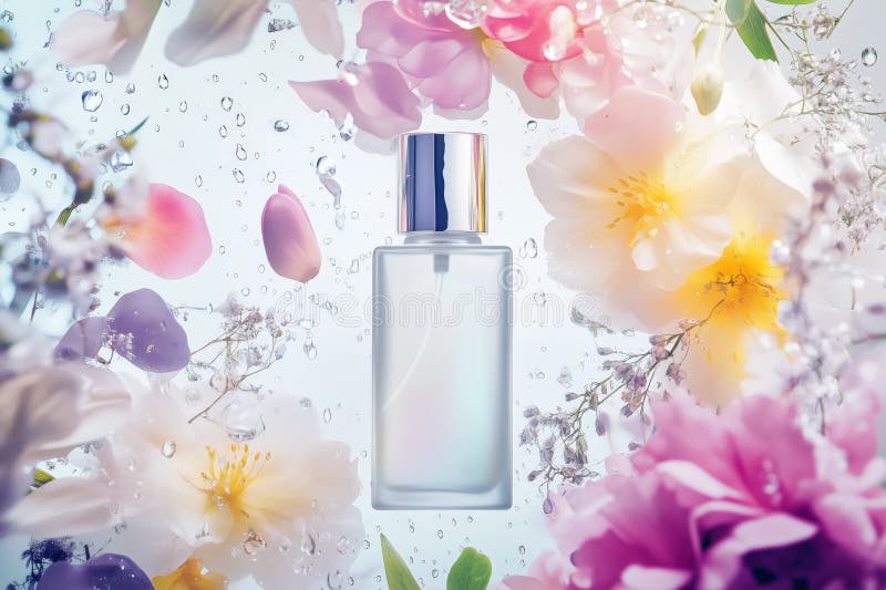 Delicate Empty Makeup Setting Spray Bottle, Surrounded by Fresh Spring ...