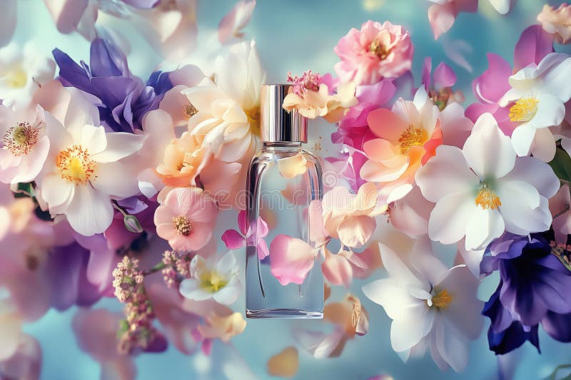 Delicate Empty Makeup Setting Spray Bottle, Surrounded by Fresh Spring ...